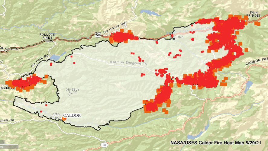 Caldor Fire Now 156,515 Acres, Heat Maps Reach Twin Bridges & Edging ...